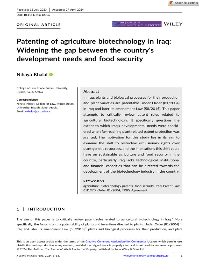 World Intellectual Property - 2024 - Khalaf - Patenting of Agriculture Biotechnology in Iraq ...