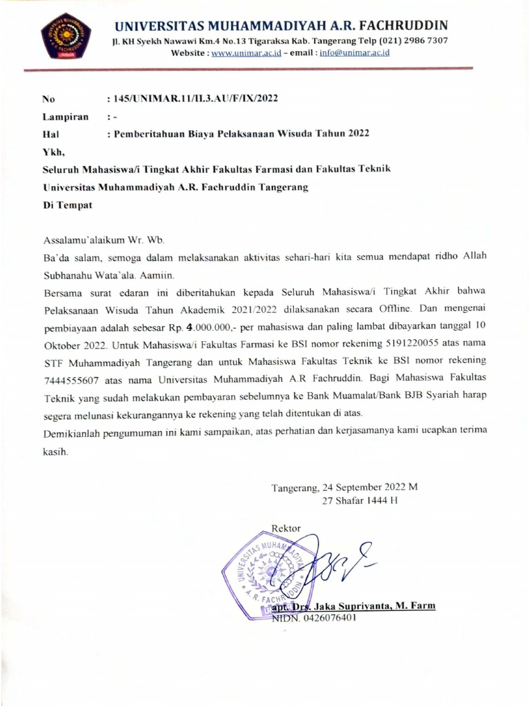 Surat Pemberitahuan Biaya Pelaksanaan Wisuda 2022 | PDF