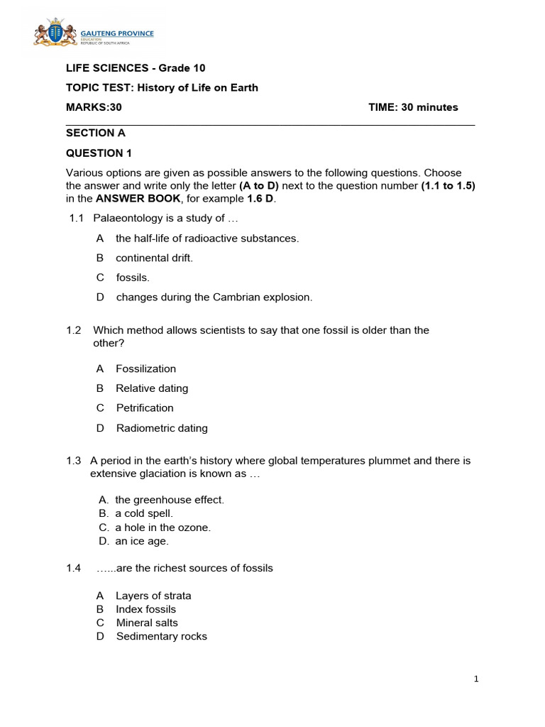 Grade 10 Topic Test History of Life On Earth | PDF | Geologic Time ...