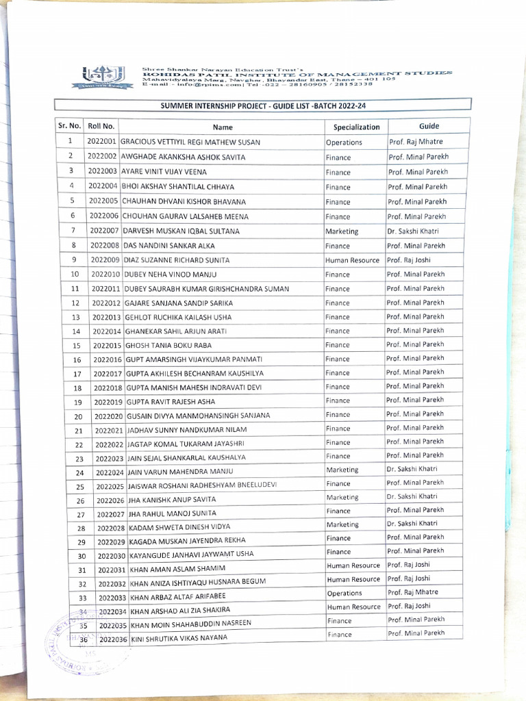 Summer Internship Guide List - 2022-24 | PDF