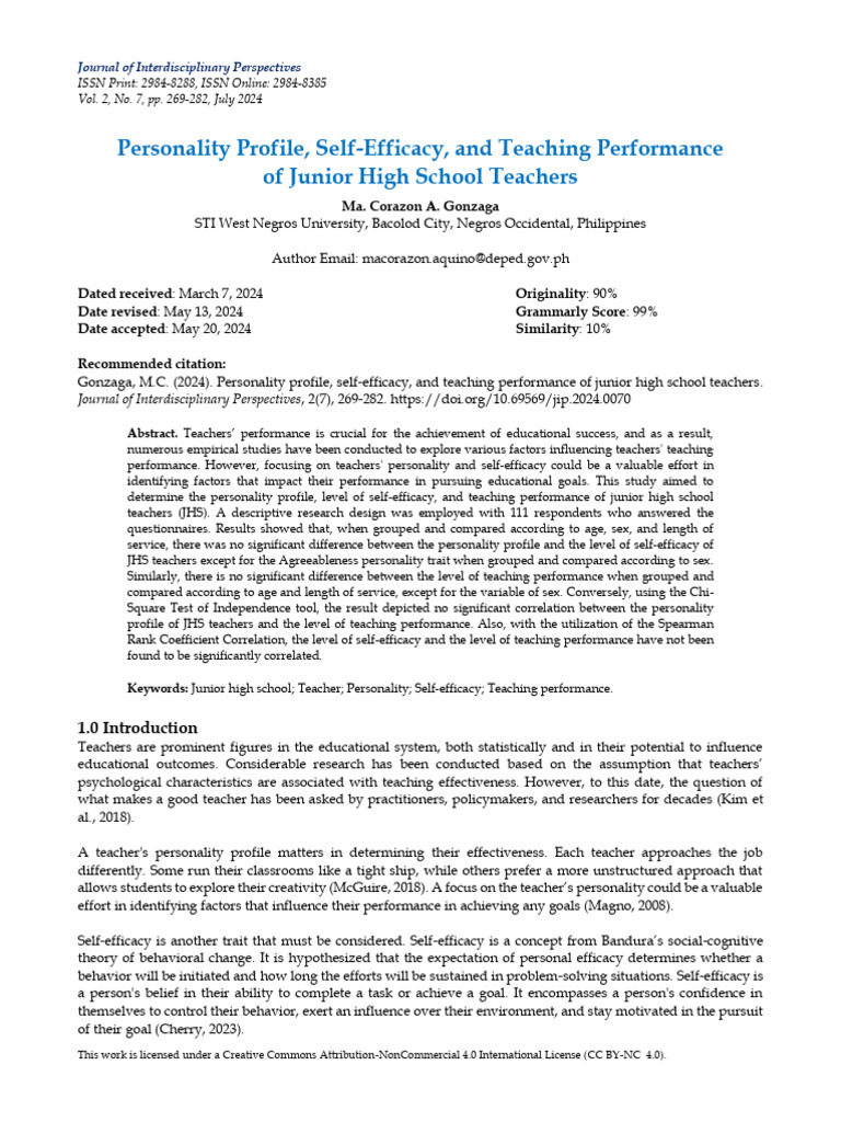 Personality Profile, Self-Efficacy, and Teaching Performance of Junior High School Teachers ...