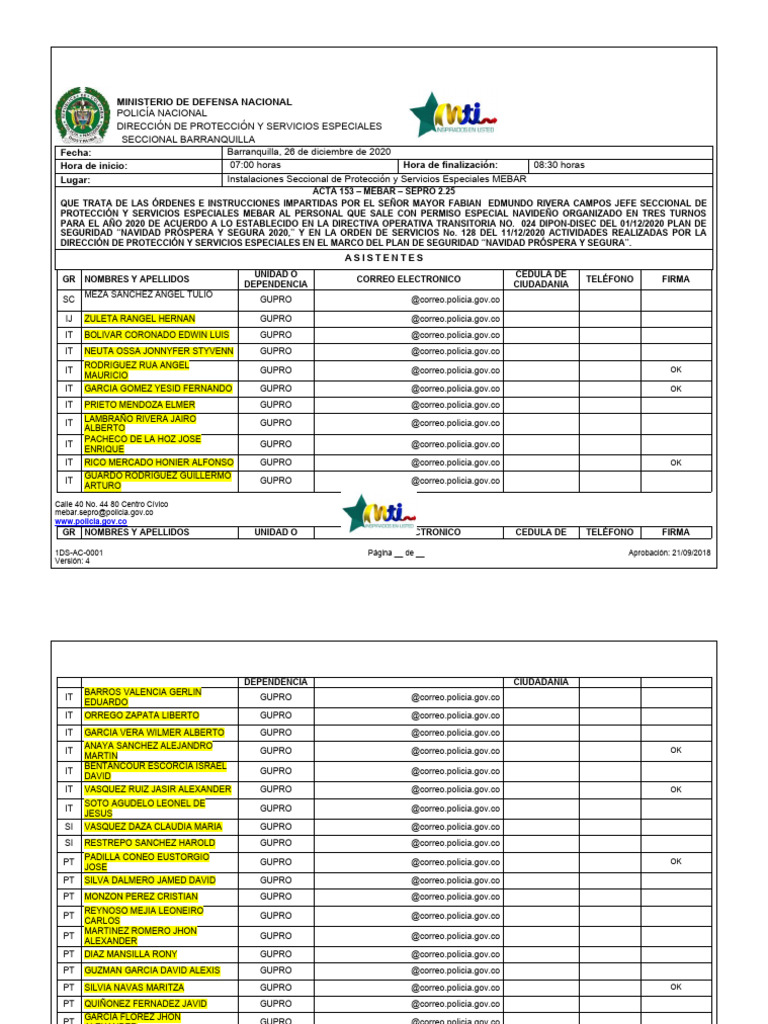 Acta 153 Ordenes y Consignas 2do Turno Navideño | PDF