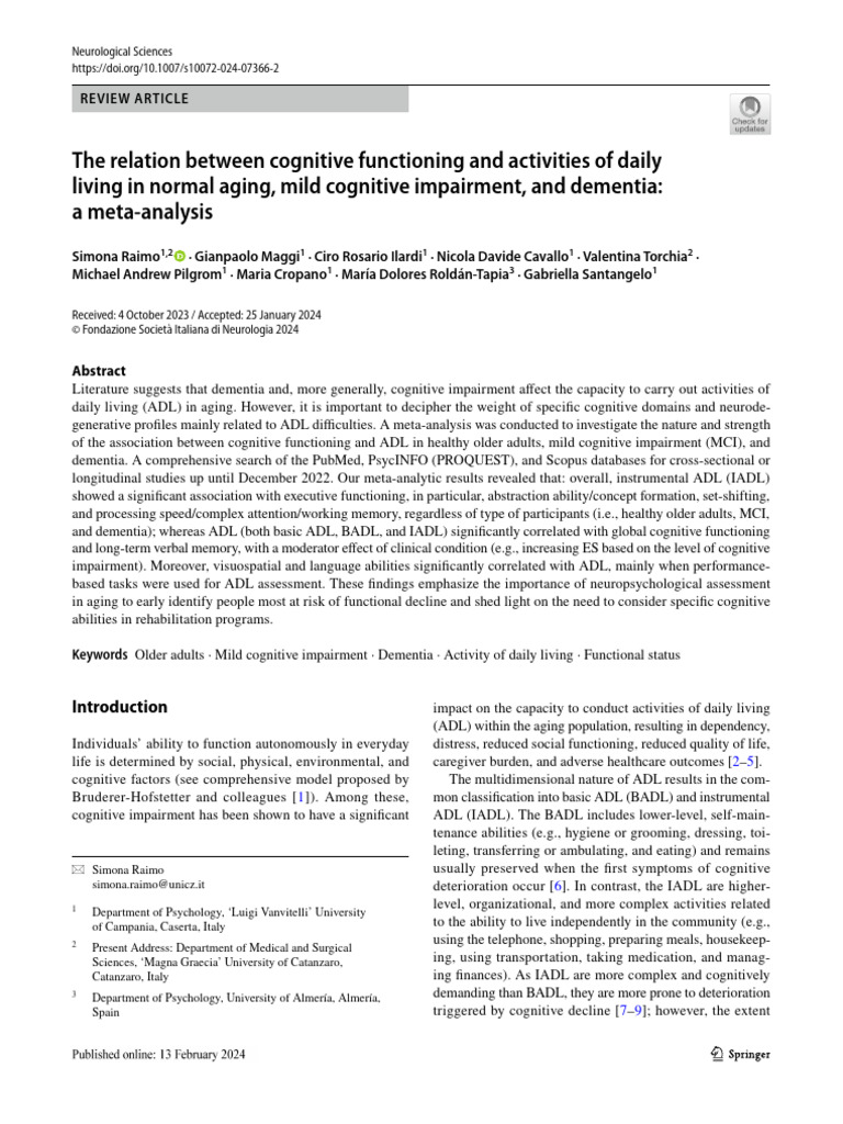 The Relation Between Cognitive Functioning And Activities Of Daily