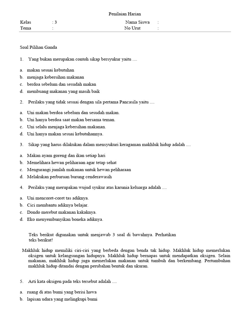 Cetak Soal Kelas 3 Tema 1 Subtema 1 | PDF