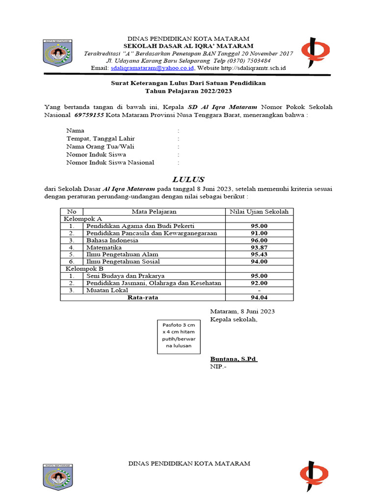 SKL NILAI US Cetak | PDF
