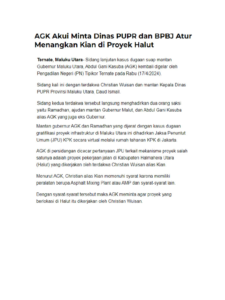 Agk Akui Minta Uang Di Pupr Dan Dinas Swasta | PDF