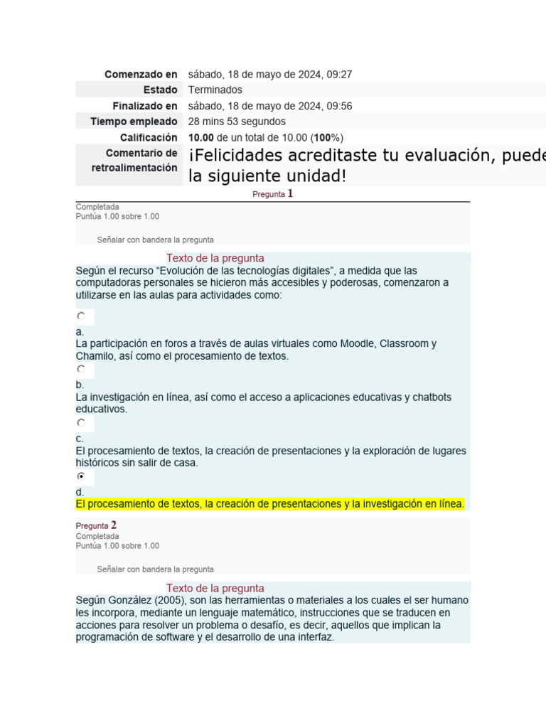 Examen Unidad Uno 1° y 2° Intento | PDF | Aprendizaje | Enseñando