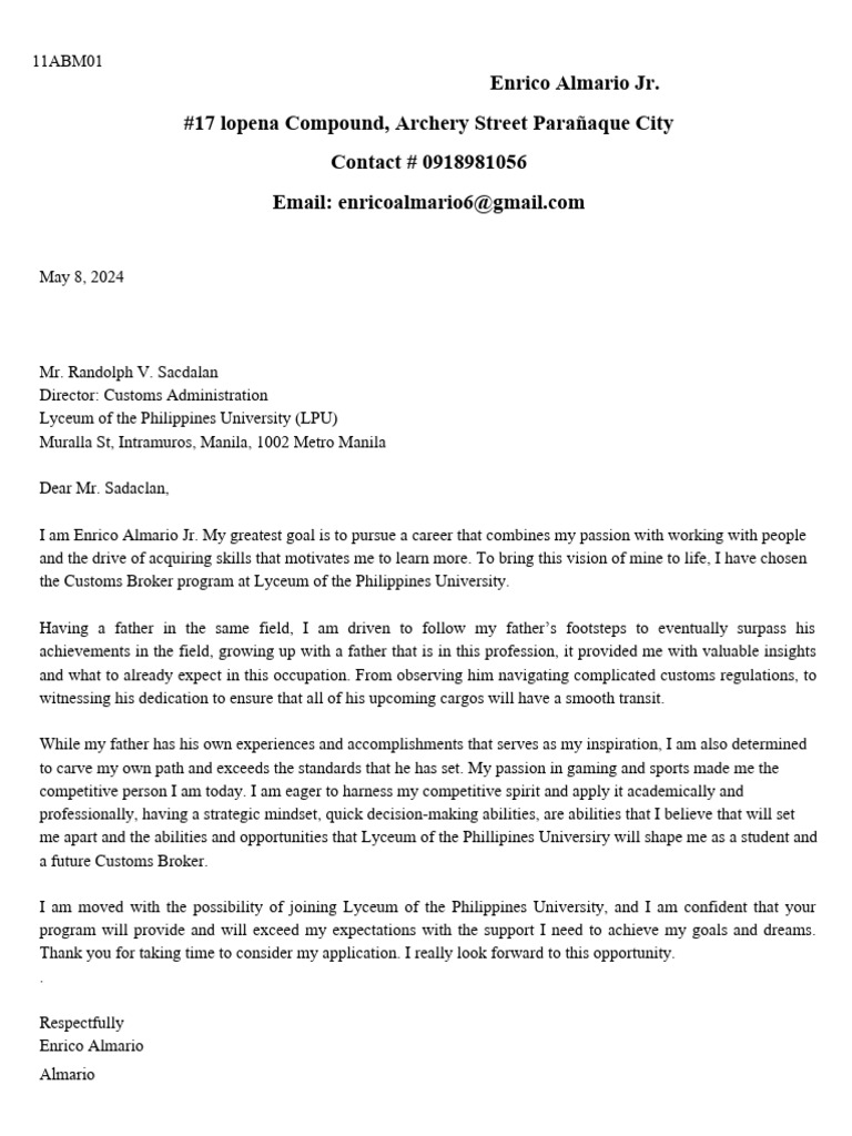 Enrico Almario's Customs Broker Application | PDF