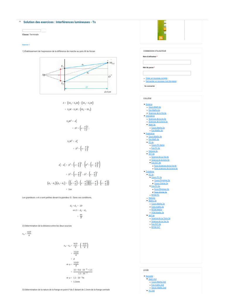 Solutions d'exercices sur interférences lumineuses | PDF | Longueur d ...