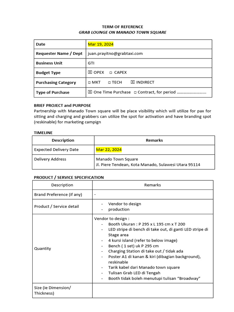 Rev 21 Mar - ToR Form - Grab Lounge Manado Town Square | PDF