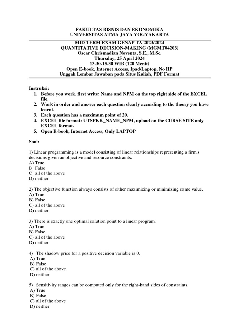 Soal Uts A Pdf Linear Programming Mathematical Optimization