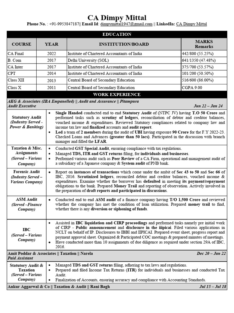 Resume CA Dimpy Mittal-Stat. | PDF | Taxes | Audit