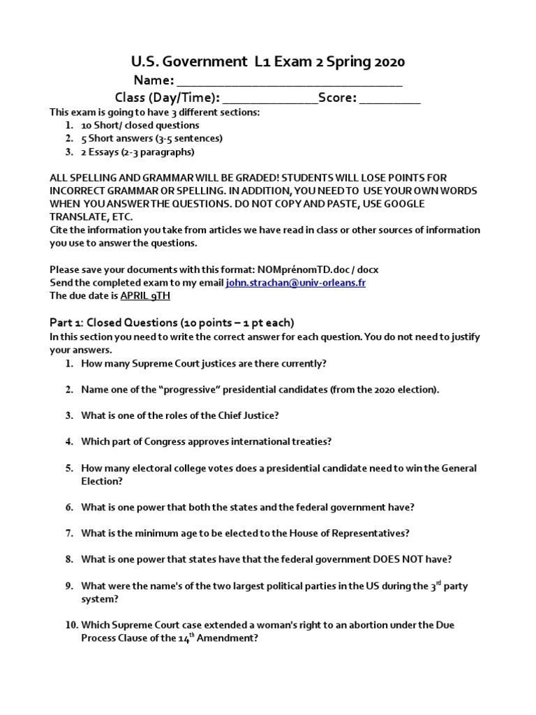 Spring 2020 American Government Exam 2 Devoir Maison | PDF | United ...