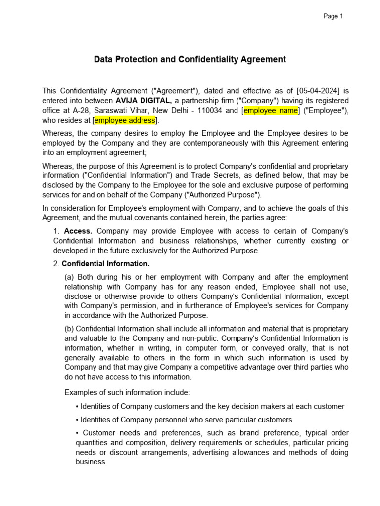 Data Protection and Confidentiality Agreement | PDF | Pricing | Employment