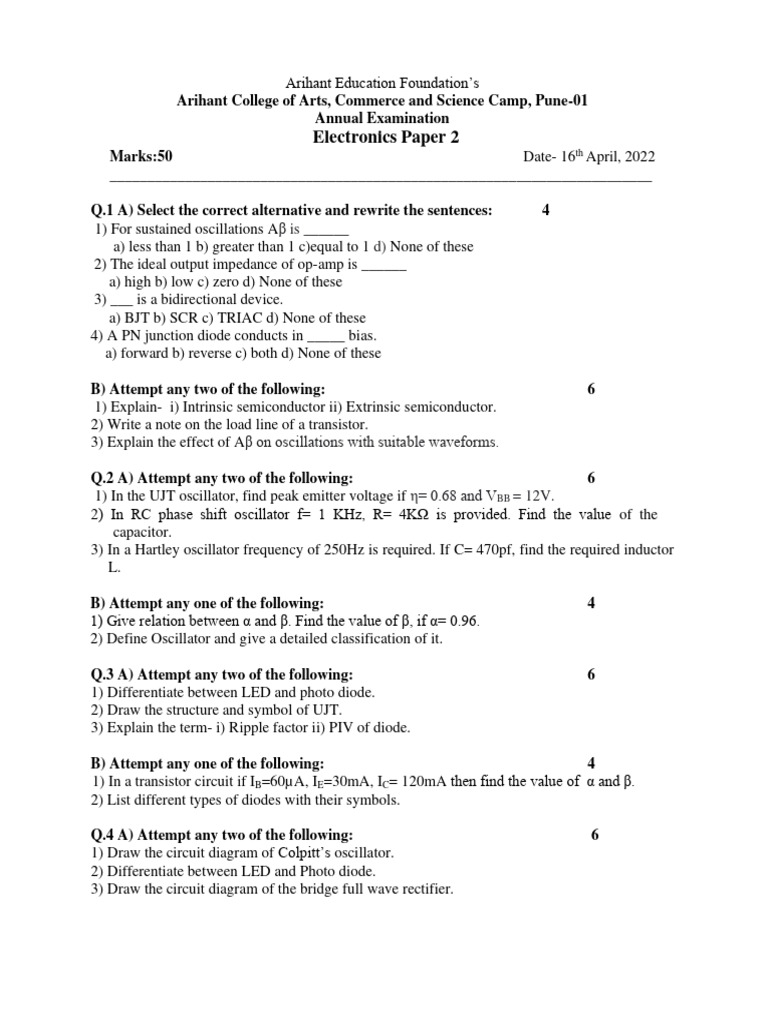 2021-22 - 11th - ES2 - Anuual Paper | PDF | Electronic Oscillator | Rectifier