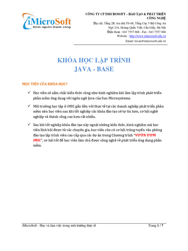 KHOA LAP TRINH JAVA CORE TAI iMIC | PDF
