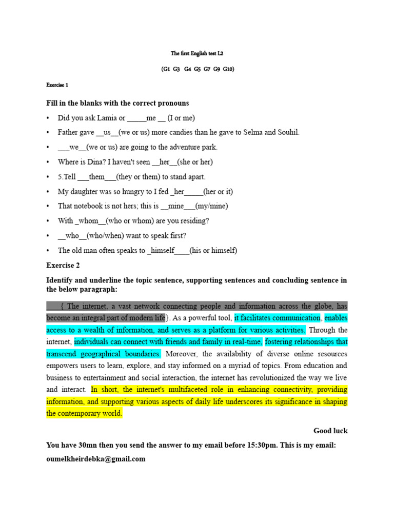 The First English Test L2 g1 Bentaleb | PDF | Social Science