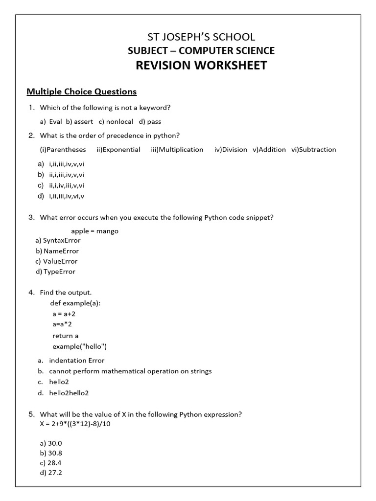 Revision Worksheet | PDF | Parameter (Computer Programming) | Computer Programming