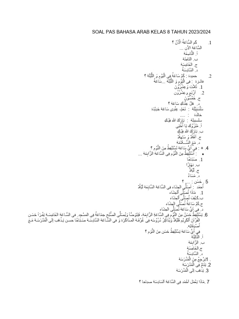 Soal Pas Bahasa Arab Kelas 8 Tahun 2023 | PDF