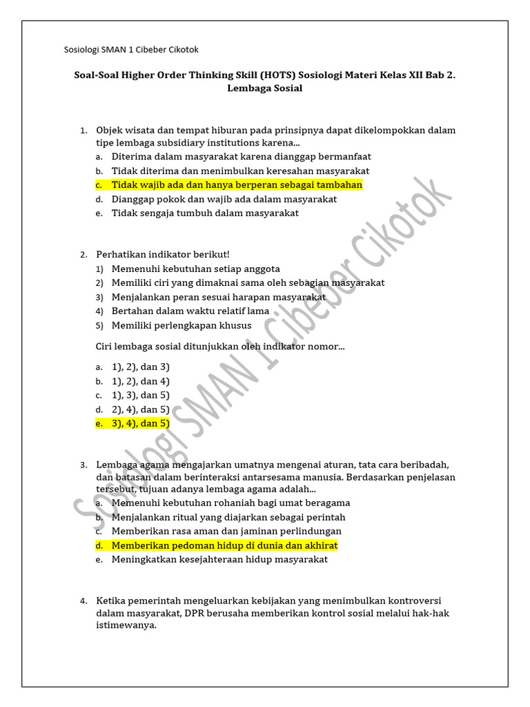 K - Soal (HOTS) Sosiologi Materi Kelas XII Bab 2. Lembaga Sosial - Unlocked | PDF | Karier ...