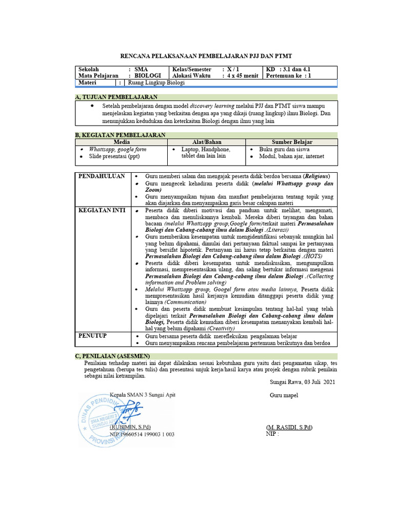 RPP 1 Biologi X Daring | PDF