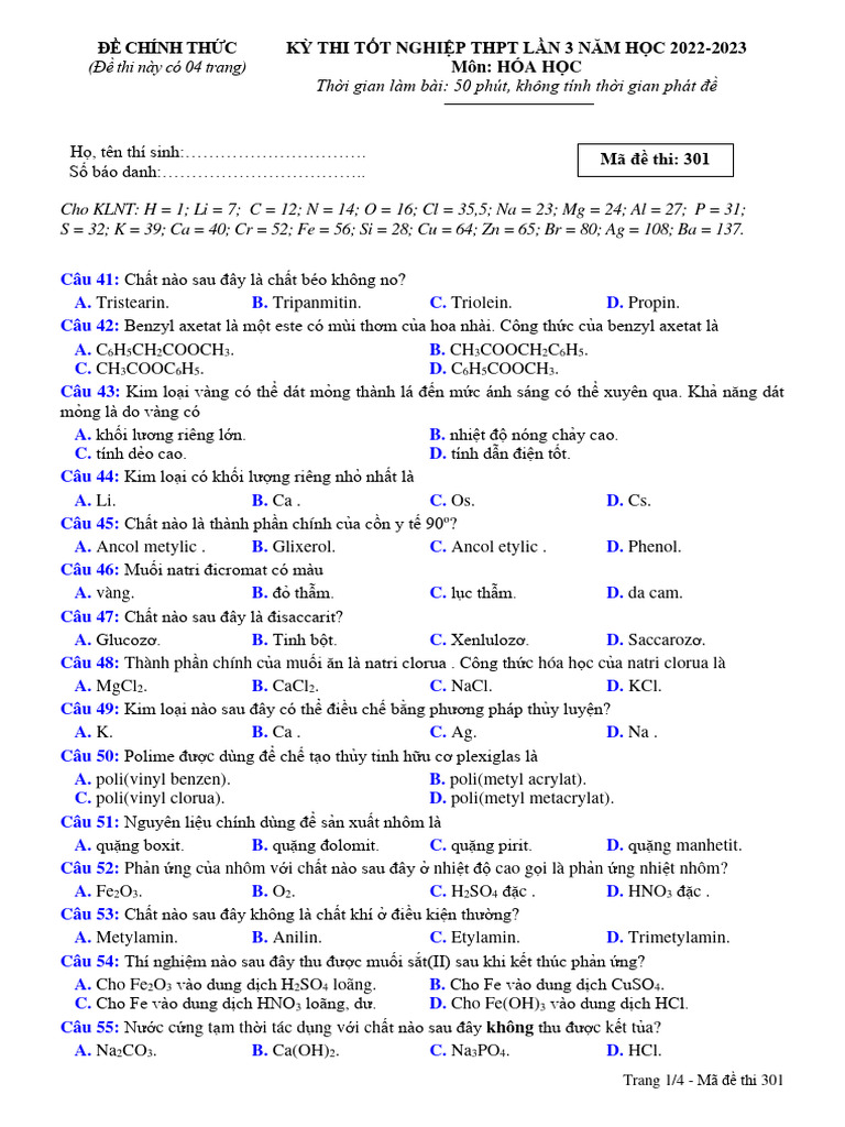 De Thi Thu TN THPT 2023 Mon Hoa Hoc Lan 3 Truong Chuyen Ha Long Quang Ninh | PDF