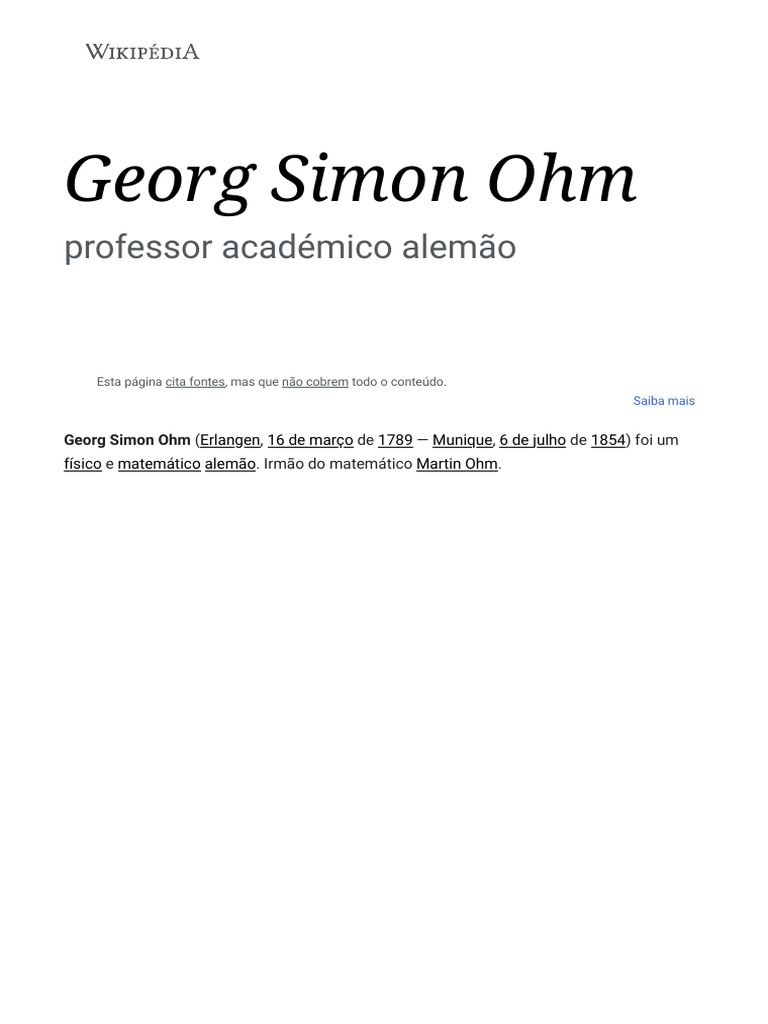 Georg Simon Ohm - Wikipédia, A Enciclopédia Livre | PDF | Ciências ...