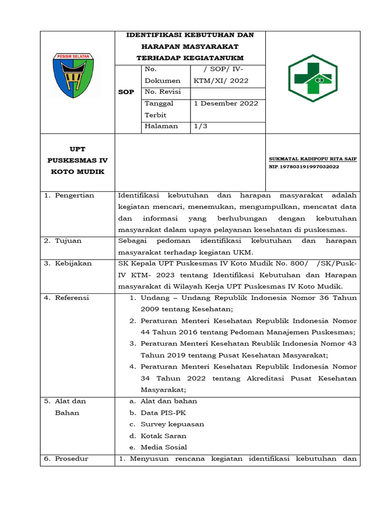 4.1.1 1a SOP IDENTIFIKASI KEBUTUHAN DAN HARAPAN MASYARAKAT TERHADAP KEGIATAN UKM (Repaired) | PDF
