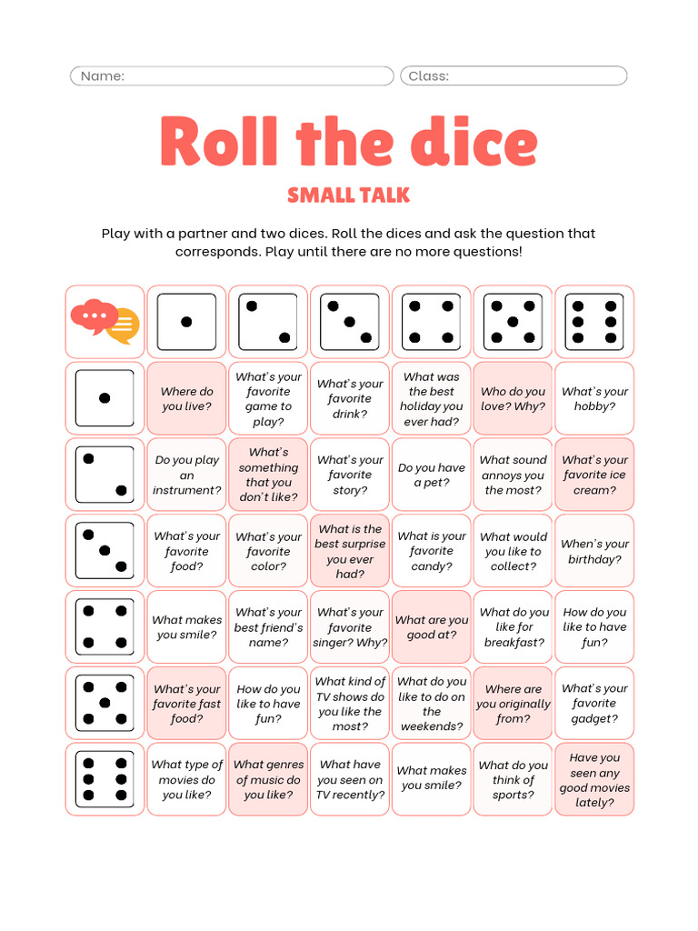 Orange White Simple Roll The Dice Game Worksheet | PDF