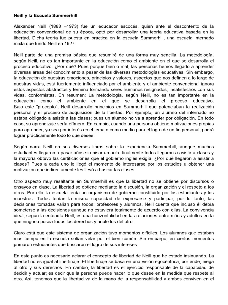Neill y La Escuela Summerhill | PDF | Aprendizaje | Libertad