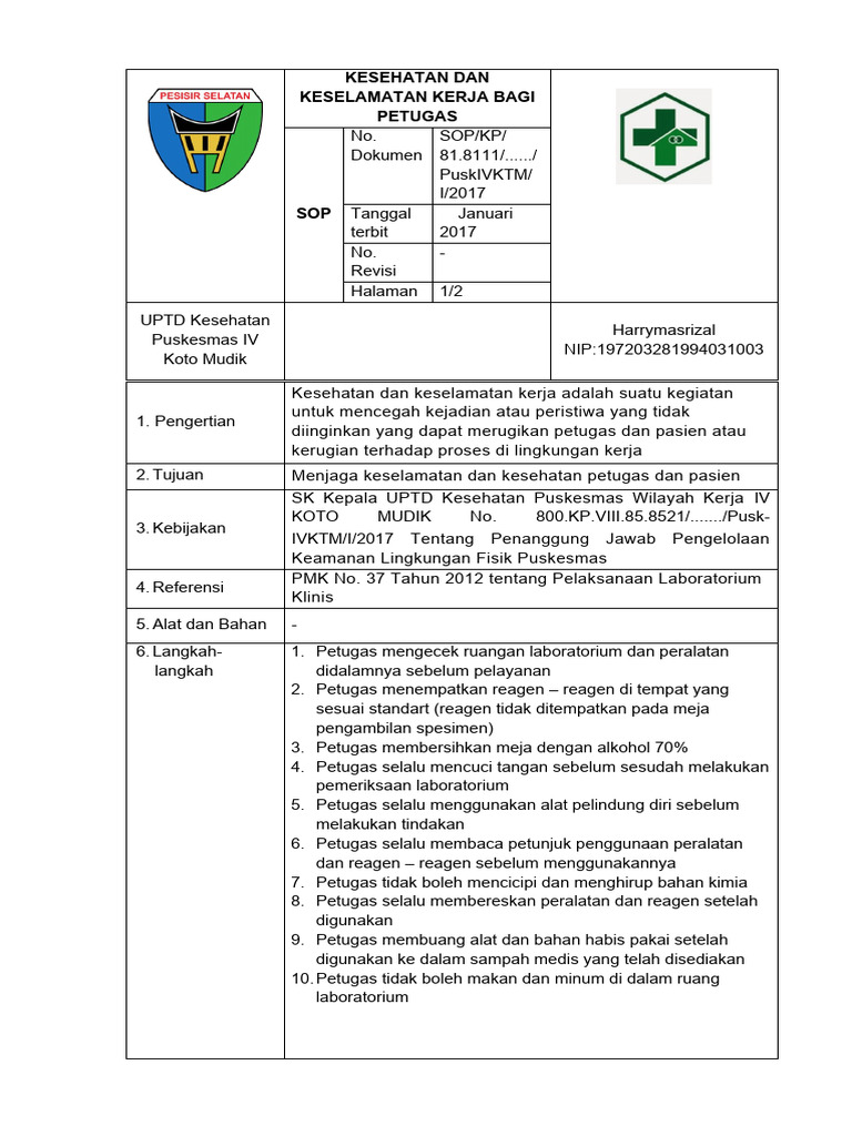 8.1.2.7 Sop Keselamatan Dan Kesehatan Petugas BARU | PDF