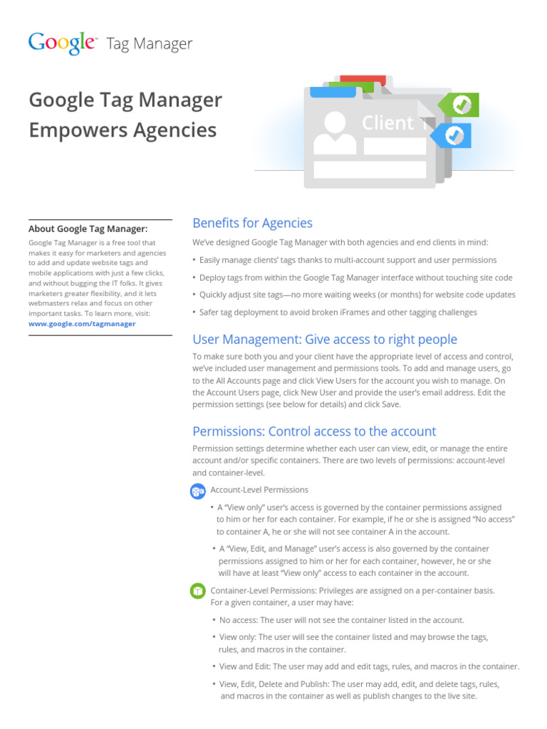 Google Tag Manager Access Levels Explained | PDF | Advertising | Html ...