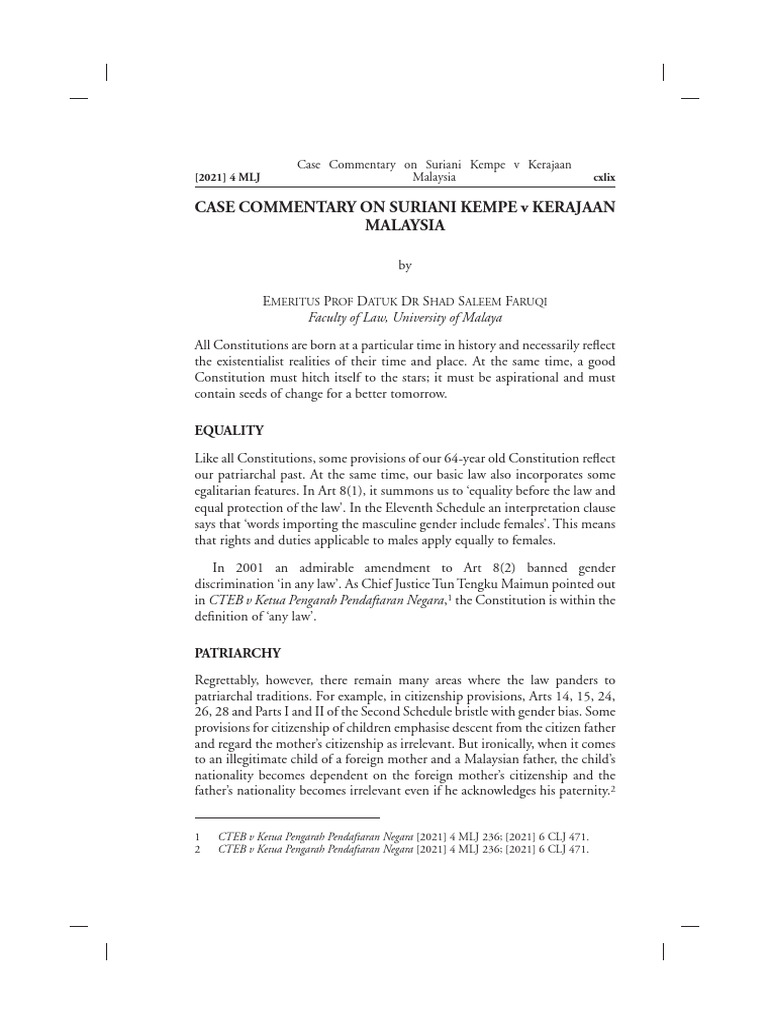 Case Commentary On Suriani Kempe V Kerajaan Malaysia (2021) 4 MLJ Cxlix | PDF | Citizenship ...
