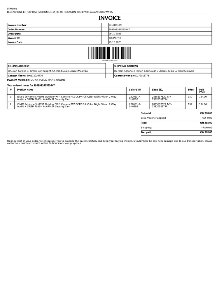 Invoice for Order 398993241553447 | PDF | Invoice | Business Documents