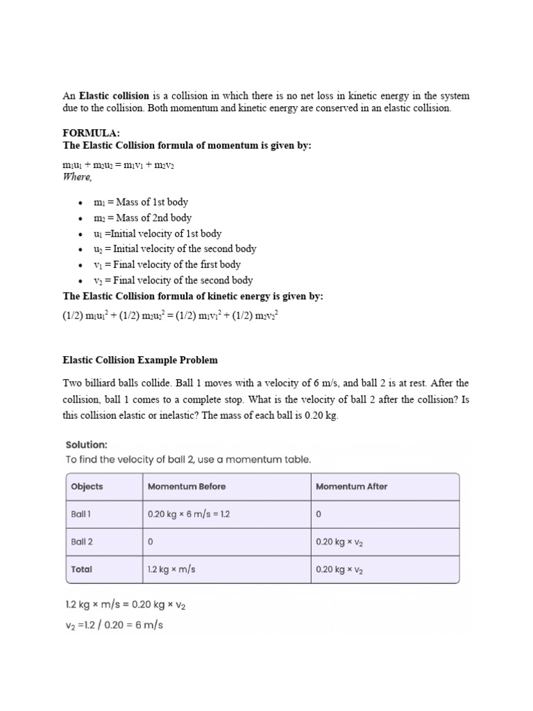 Formula: The Elastic Collision Formula of Momentum Is Given by | PDF