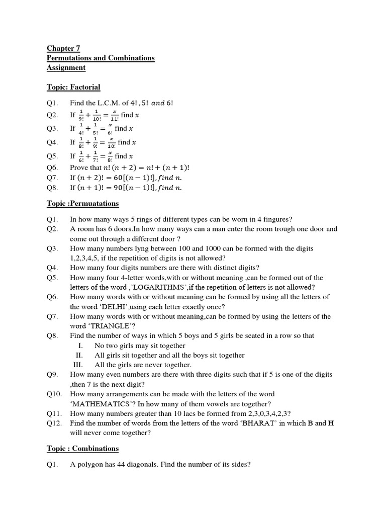 Assignment Chapter 7 Permutations and Combination | PDF | Language Arts & Discipline | Foreign ...