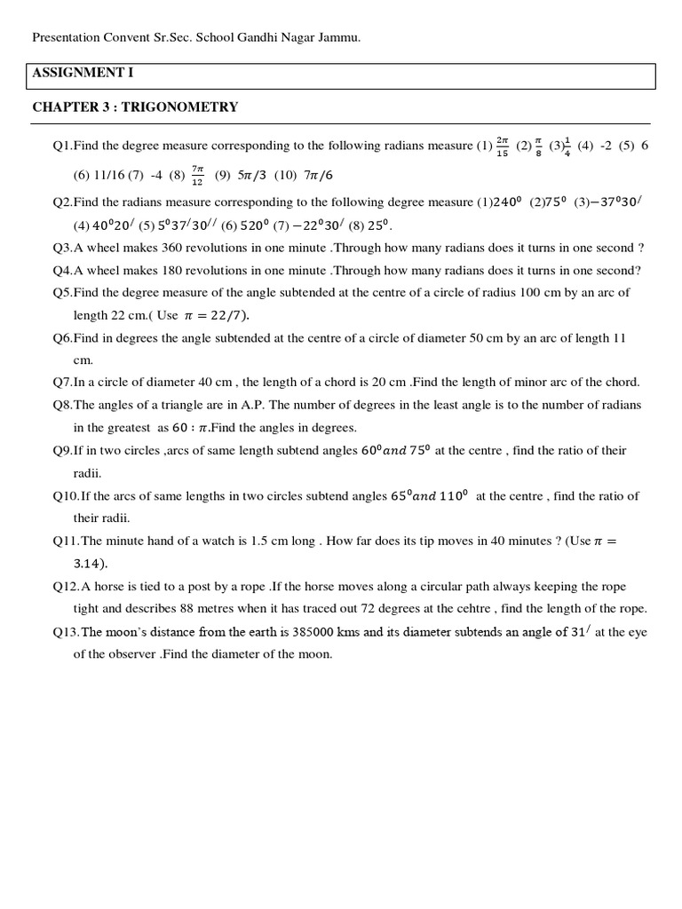 ASSIGNMENT I Trigonometry | PDF