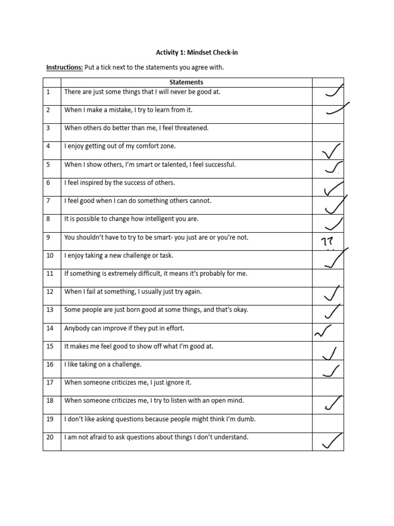 Mindset Assessment Check-In | PDF | Career & Growth | Self-Improvement