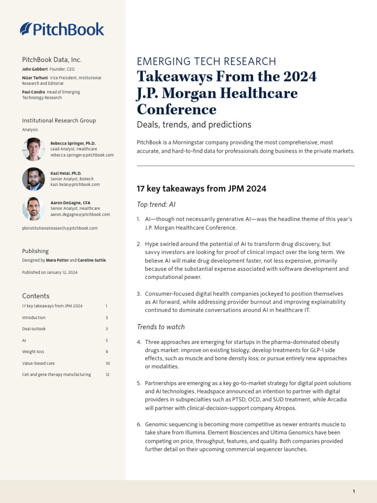 Q1 2024 PitchBook Analyst Note Takeaways From The 2024 JP Morgan Healthcare Conference ...