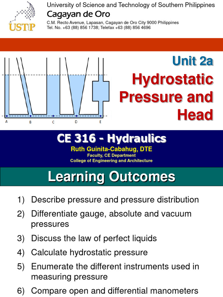 CE316-Unit 2a-Hydrostatic Pressure and Head-RGC | PDF | Pressure | Pressure Measurement