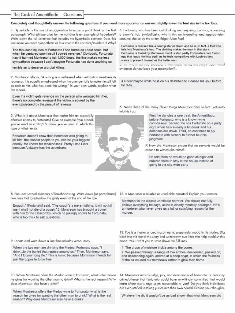 Cask of Amontillado Questions | PDF