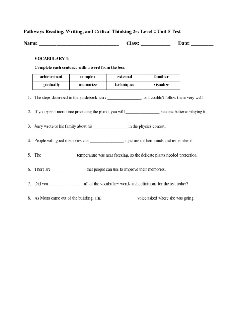 Pathways rw2 2e U5 Test | PDF | Memory | Vocabulary