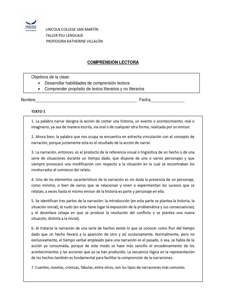 Comprensión Lectora 1 | PDF | Narración | Comprensión lectora