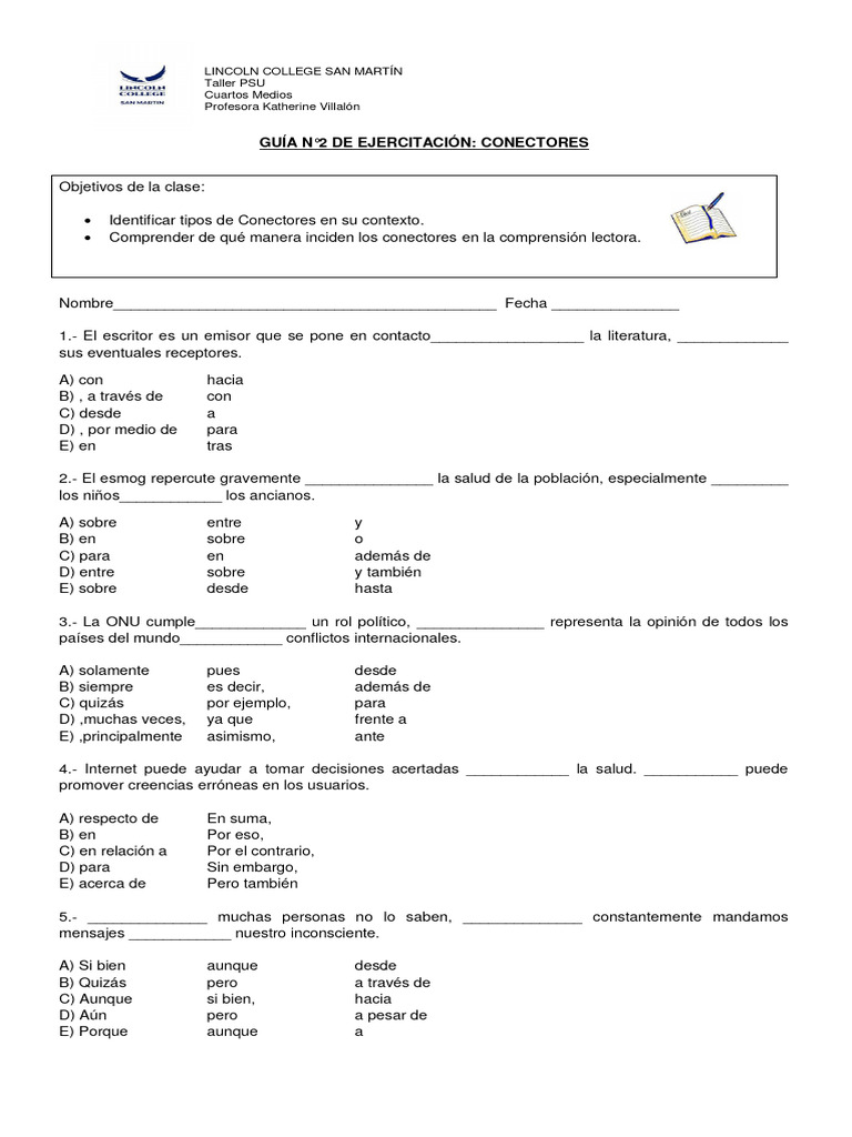 Guía N°2 - Ejercicios Conectores | PDF | Artes del Lenguaje y ...