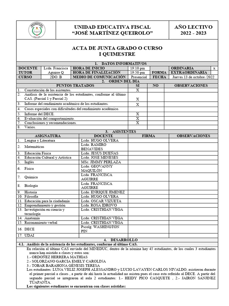 Acta de Junta de Curso 1Q 2022 - 2023 - Bach 2do B | PDF | Science
