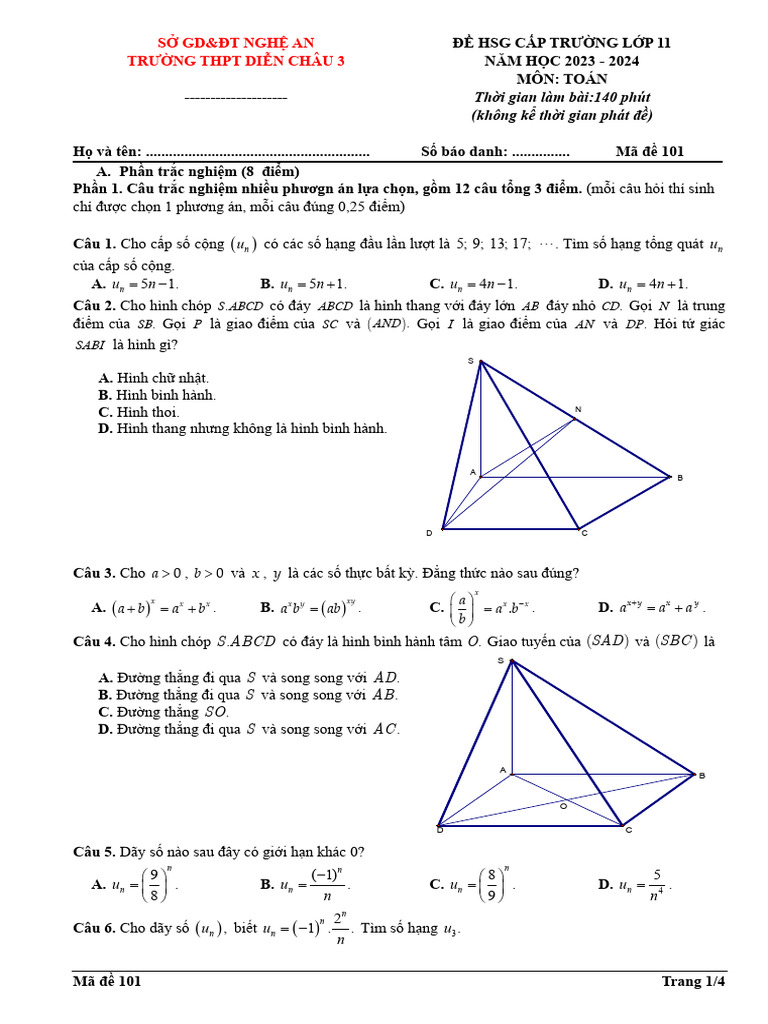 De HSG Cap Truong Toan 11 Nam 2023 2024 Truong THPT Dien Chau 3 Nghe An | PDF