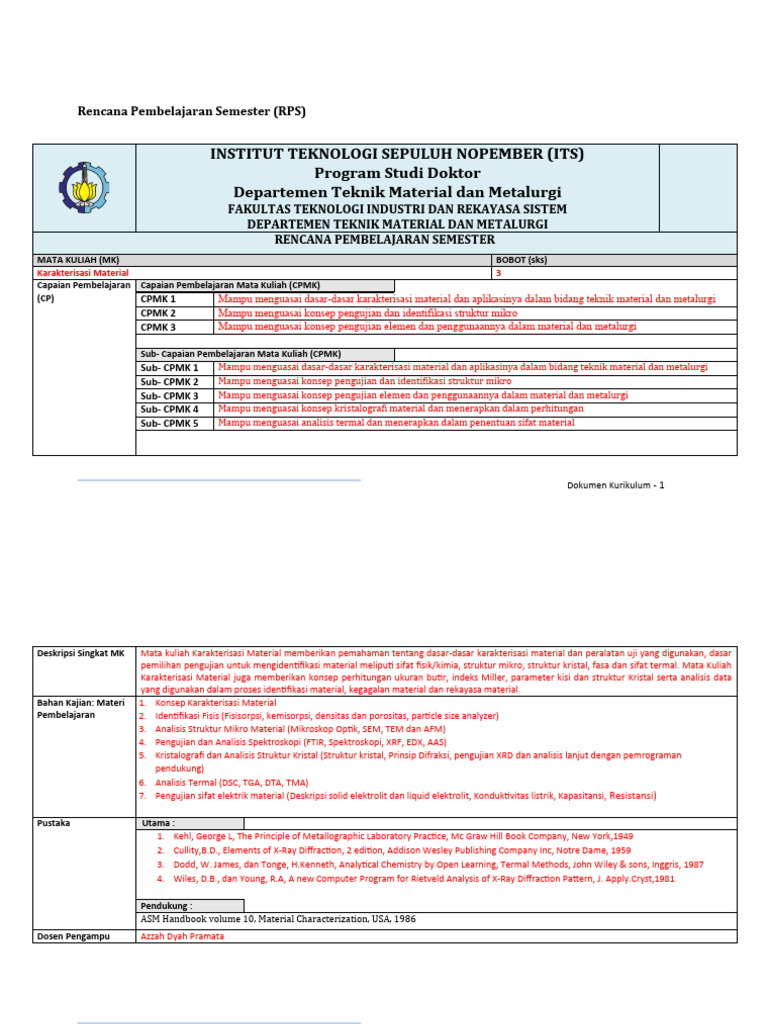 Karakterisasi Material ITS: RPS Doktor | PDF