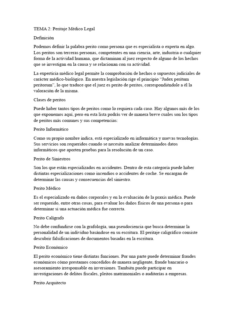 Tipos y Funciones del Peritaje Médico Legal | PDF | Testigo experto ...