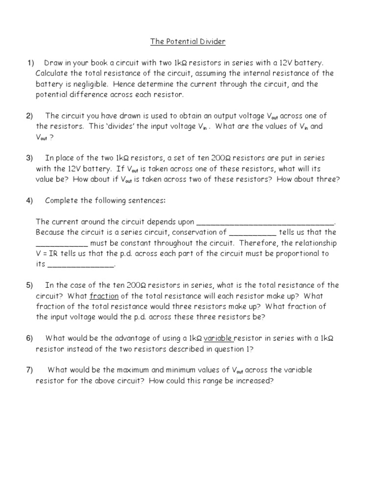 Potential Divider Worksheet | PDF | Teaching Methods & Materials ...