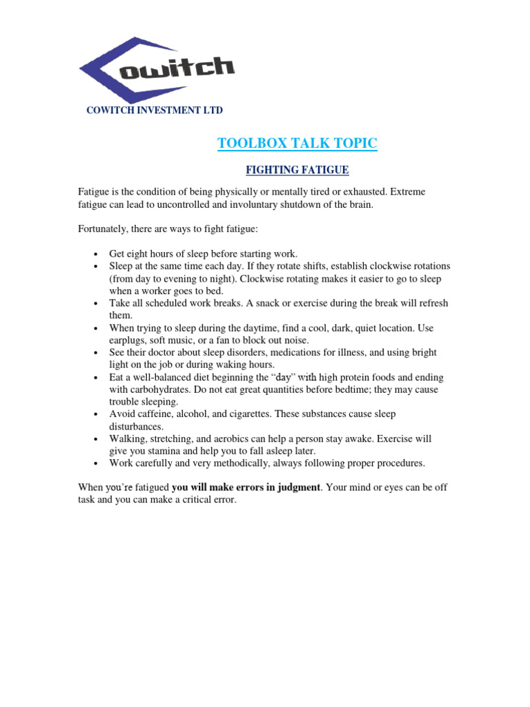 Fatigue Management Toolbox Talk | PDF | Wellness